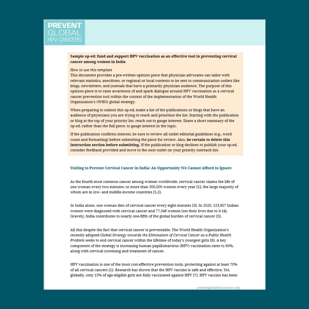 Sample Op-Ed: Support of HPV Vaccination - India - Prevent Global HPV ...